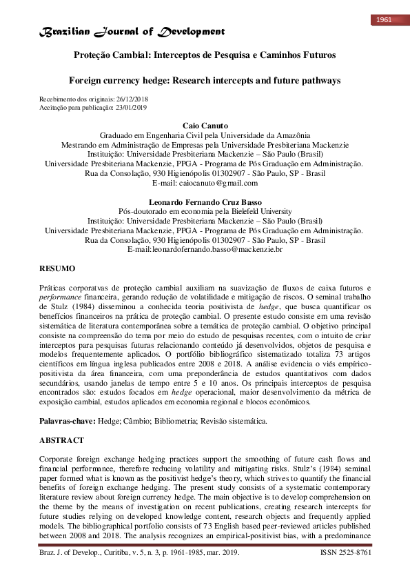 (PDF) Proteção Cambial: Interceptos de Pesquisa e Caminhos Futuros ...