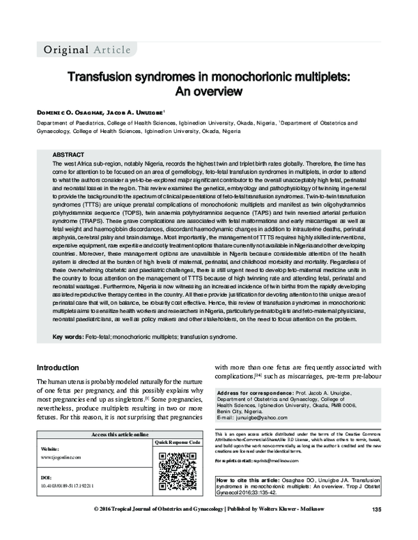 (PDF) Transfusion syndromes in monochorionic multiplets: An overview