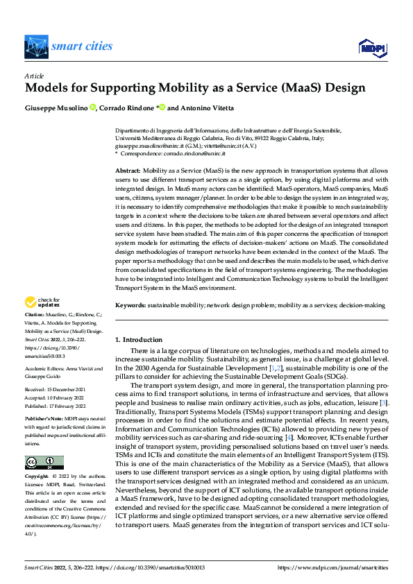 (PDF) Models for Supporting Mobility as a Service (MaaS) Design
