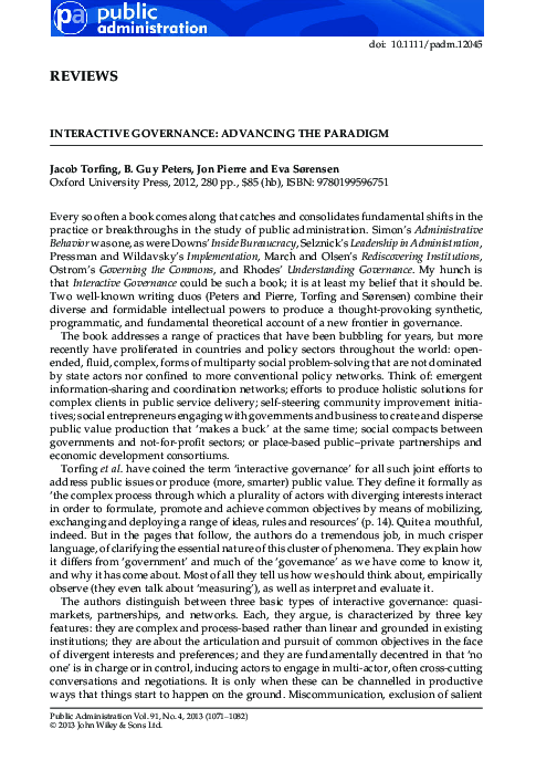 (PDF) INTERACTIVE GOVERNANCE: ADVANCING THE PARADIGM - by Jacob Torfing ...