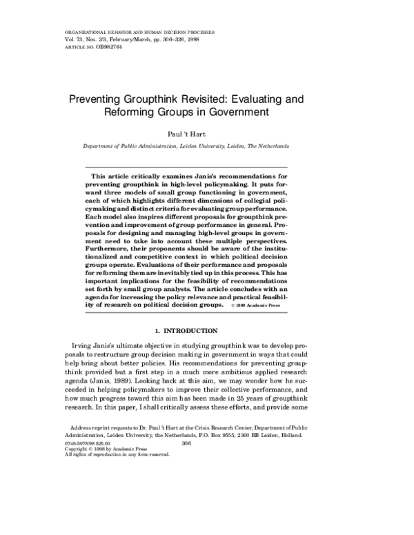 (PDF) Preventing Groupthink Revisited: Evaluating and Reforming Groups ...