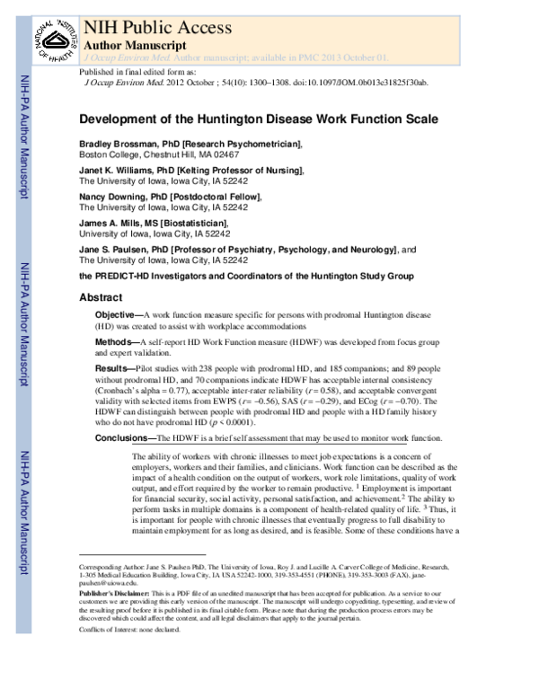 (PDF) Development of the Huntington Disease Work Function Scale