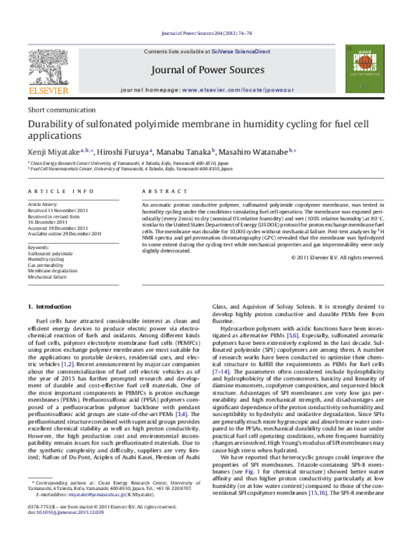 (PDF) Durability of sulfonated polyimide membrane in humidity cycling ...