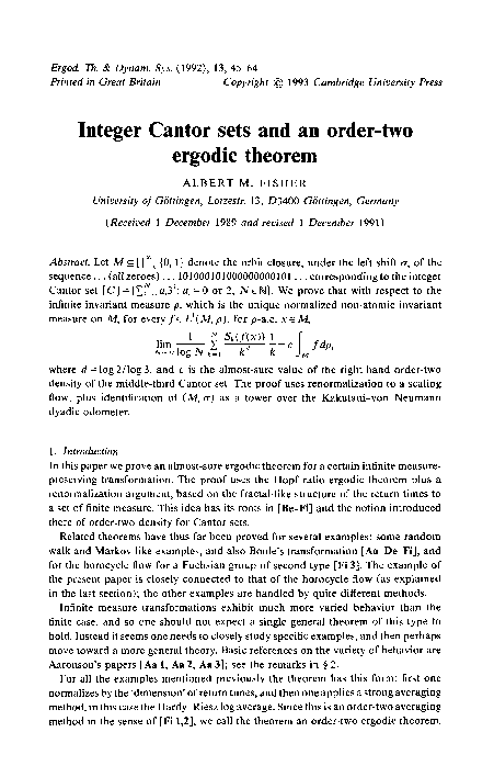 Pdf Integer Cantor Sets And An Order Two Ergodic Theorem