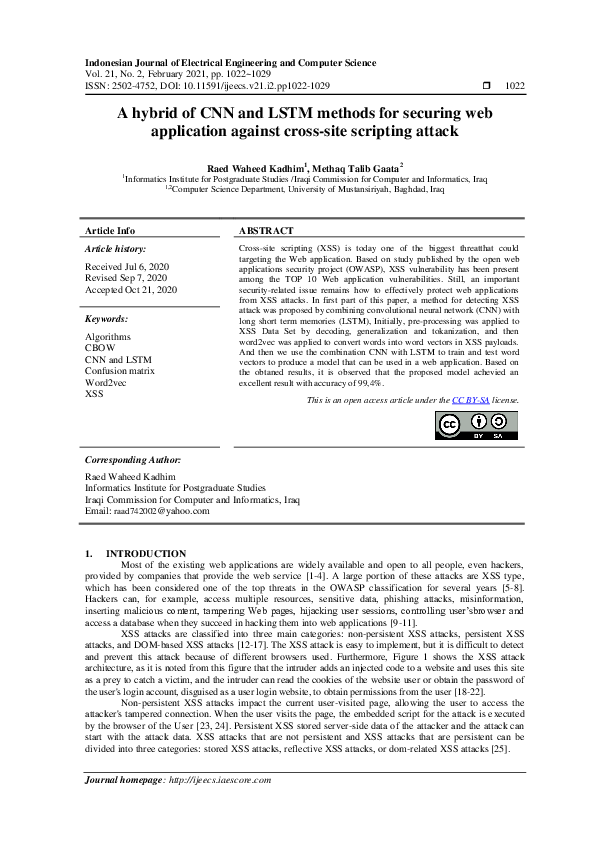 Pdf A Hybrid Of Cnn And Lstm Methods For Securing Web Application Against Cross Site Scripting