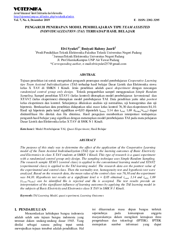 (PDF) Pengaruh Penerapan Model Pembelajaran Tipe Team Assisted Individualization (Tai) Terhadap ...