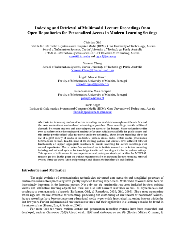Pdf Indexing And Retrieval Of Multimodal Lecture Recordings From Open