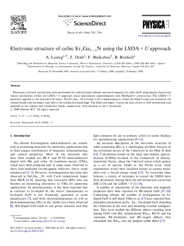 (PDF) Electronic structure of cubic ErxGa1−xN using the LSDA+U approach