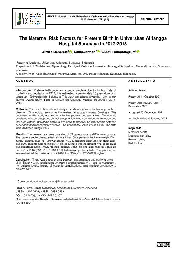 (PDF) Maternal Risk Factors for Preterm Birth