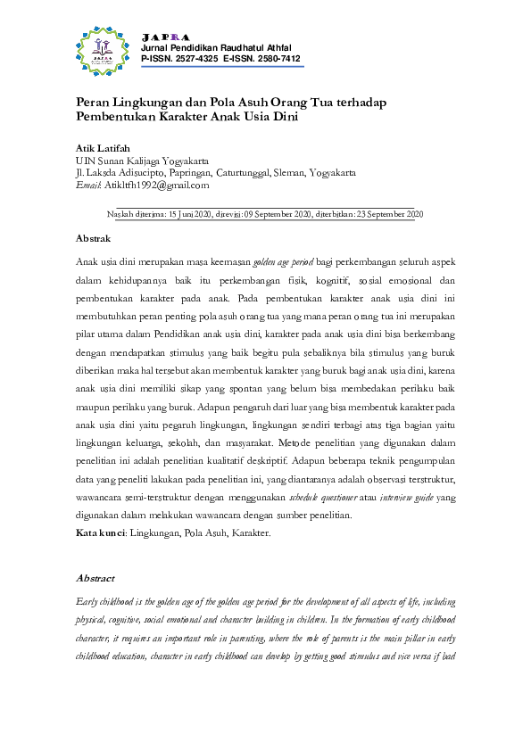 (PDF) Peran Lingkungan Dan Pola Asuh Orang Tua Terhadap Pembentukan Karakter Anak Usia Dini