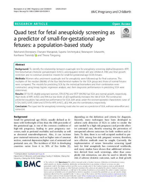 (PDF) Quad test for fetal aneuploidy screening as a predictor of small ...