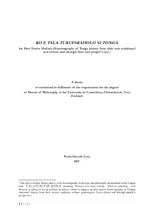 (PDF) Ko E Tala-Tukufakaholo 'O Tonga: an alter-native holistic ...