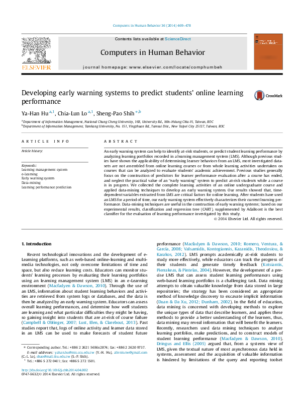 (PDF) Developing early warning systems to predict students’ online learning performance