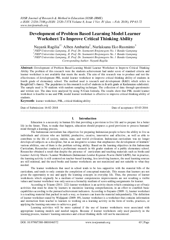 (PDF) Development of Problem Based Learning Model Learner Worksheet To ...