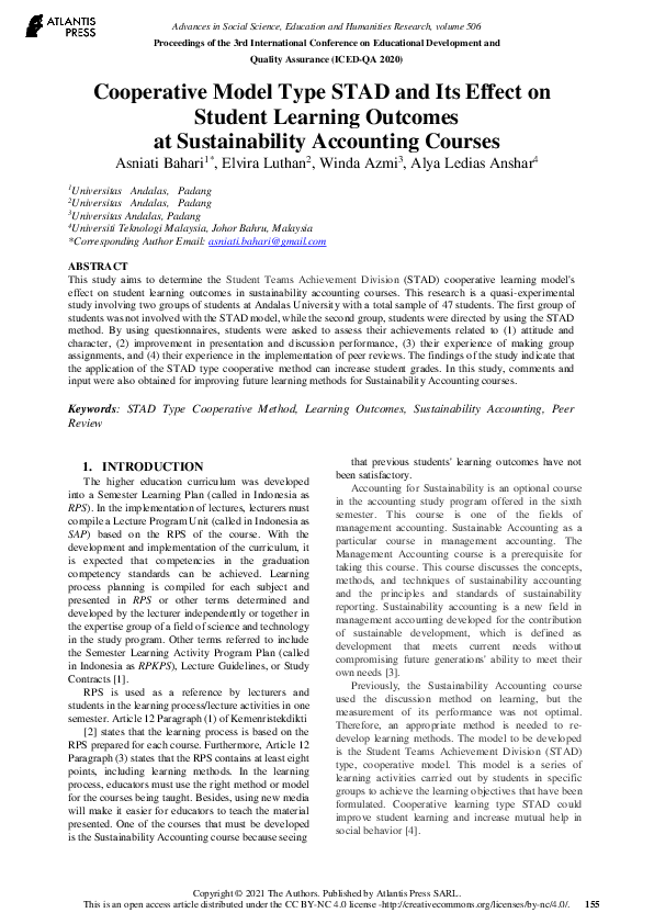 (PDF) Cooperative Model Type STAD and Its Effect on Student Learning Outcomes at Sustainability ...