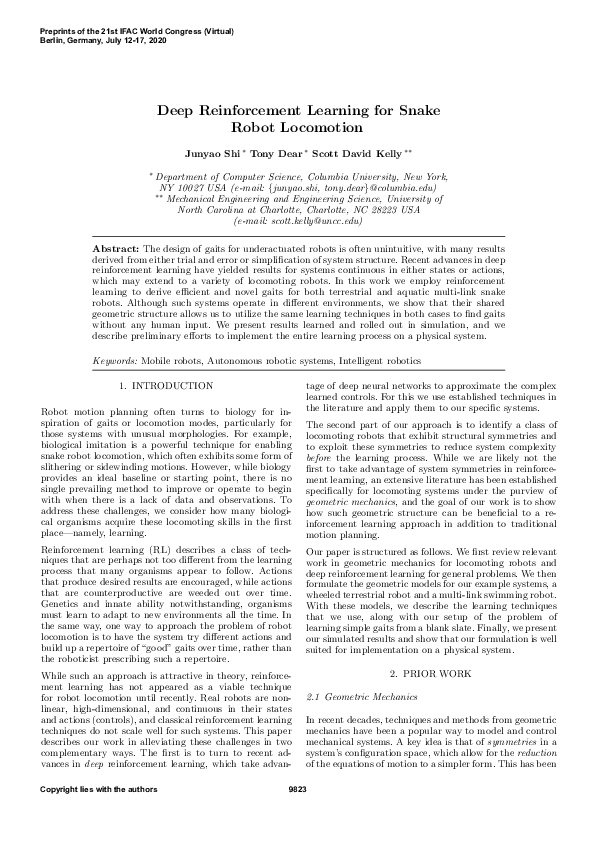 (PDF) Deep Reinforcement Learning for Snake Robot Locomotion