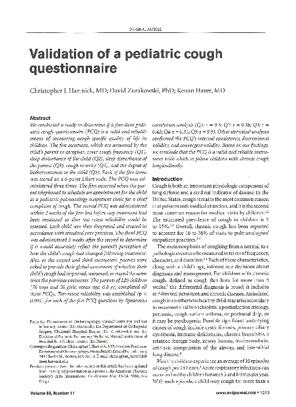 (PDF) Validation of a pediatric cough questionnaire