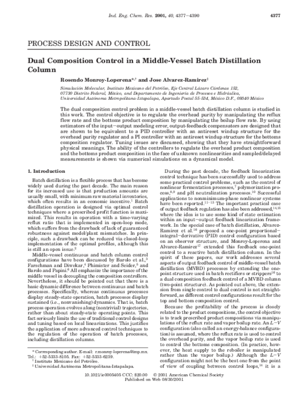 (PDF) Dual Composition Control in a Middle-Vessel Batch Distillation Column