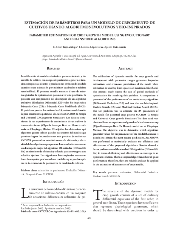 (PDF) Parameter estimation for crop growth model using evolutionary and bio-inspired algorithms