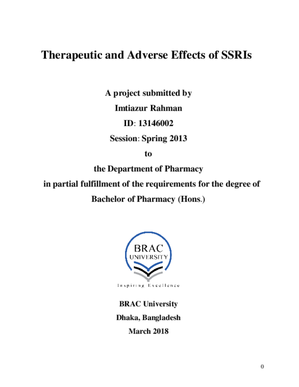 (PDF) Therapeutic and Adverse Effects of SSRIs A project submitted