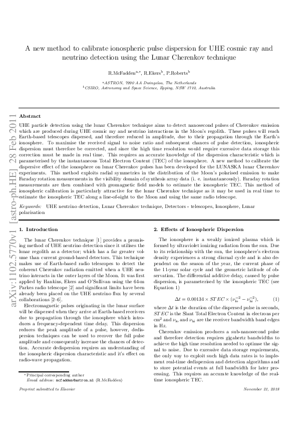 (PDF) A new method to calibrate ionospheric pulse dispersion for UHE cosmic ray and neutrino ...