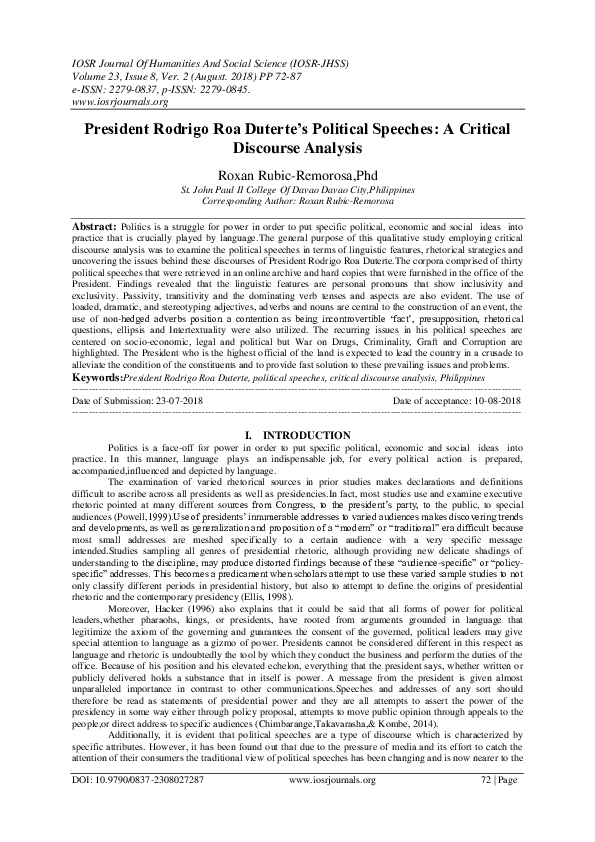 (PDF) President Rodrigo Roa Duterte ’ s Political Speeches : A Critical ...