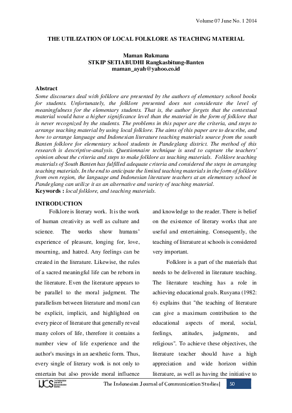 (PDF) The Utilization of Local Folklore as Teaching Material