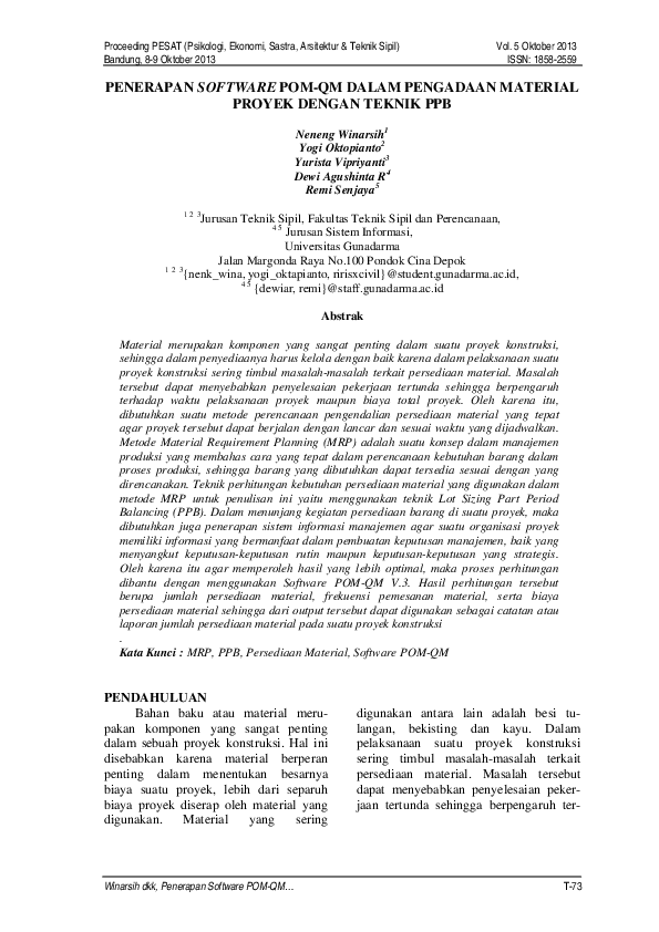 (PDF) Penerapan Software Pom-QM Dalam Pengadaan Material Proyek Dengan Teknik PPB | Yogi ...