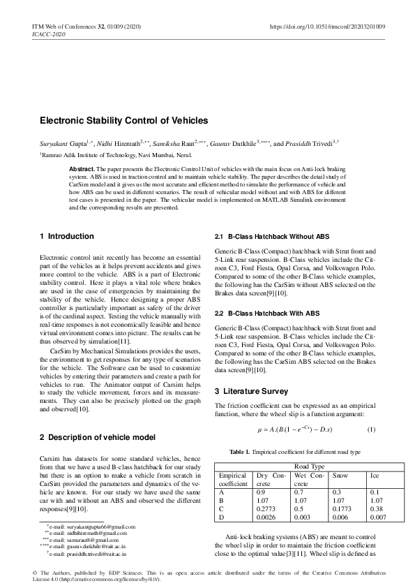 (PDF) Electronic Stability Control of Vehicles