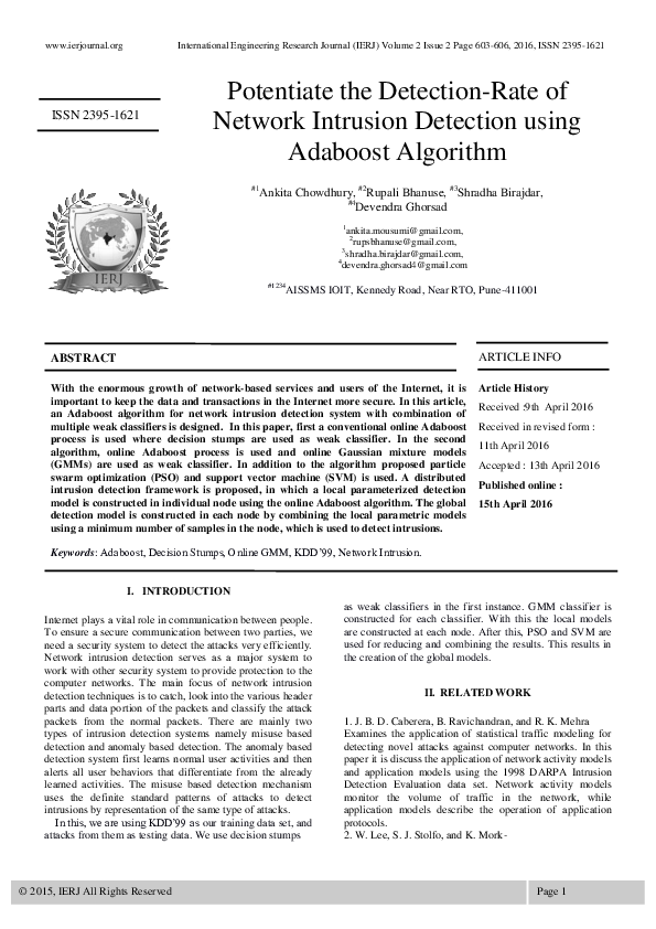 (PDF) Potentiate the Detection-Rate of Network Intrusion Detection using Adaboost Algorithm
