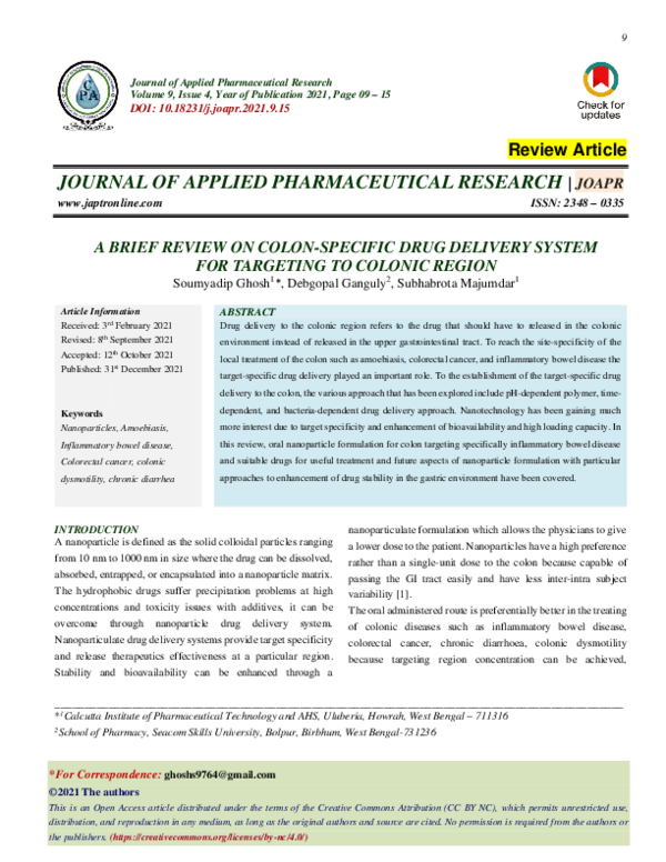 (PDF) A BRIEF REVIEW ON COLON-SPECIFIC DRUG DELIVERY SYSTEM FOR ...