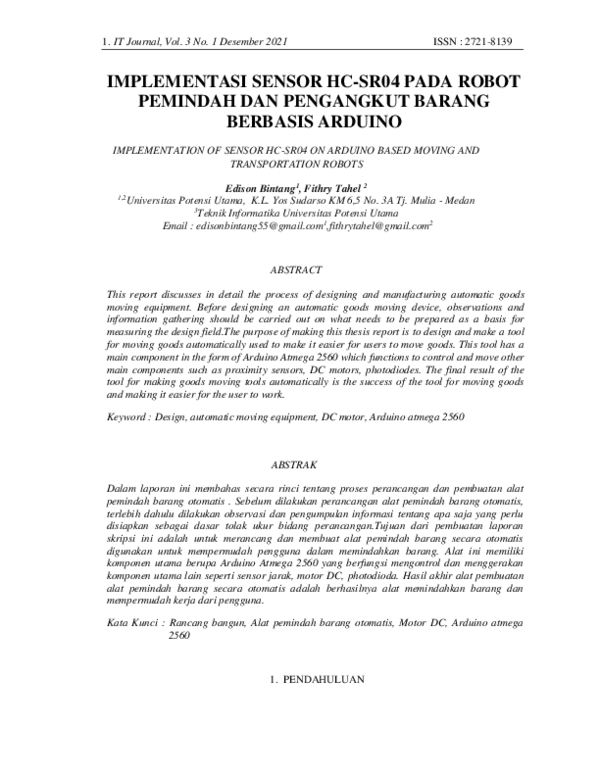 Pdf Implementasi Sensor Hc Sr04 Pada Robot Pemindah Dan Pengangkut Barang Berbasis Arduino