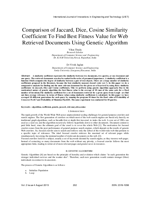 (PDF) Comparison of Jaccard, Dice, Cosine Similarity Coefficient To Find Best Fitness Value for ...