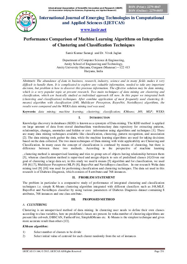 Pdf Performance Comparison Of Machine Learning Algorithms On Integration Of Clustering And