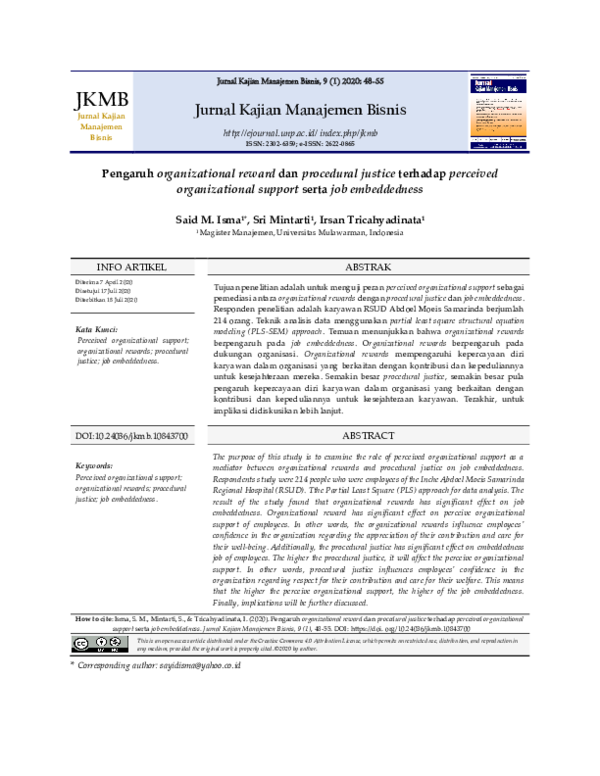 (PDF) Pengaruh organizational reward dan procedural justice terhadap perceived organizational ...