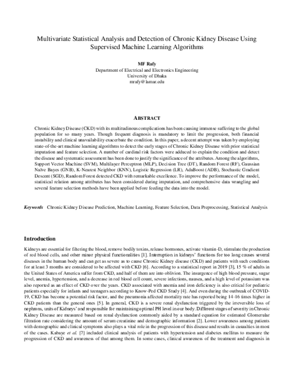 (PDF) Multivariate Statistical Analysis and Detection of Chronic Kidney Disease Using Supervised ...