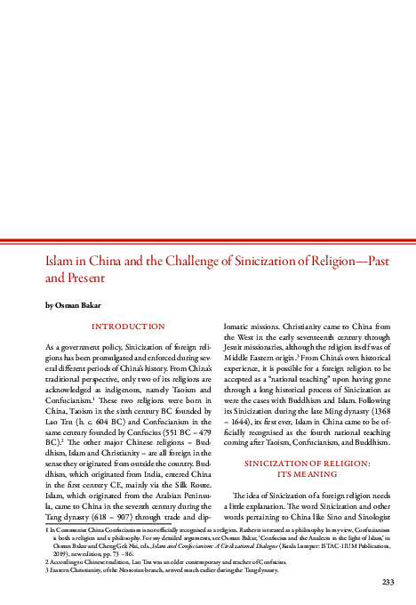 (PDF) Islam in China and the Challenge of Sinicization of Religion—Past ...