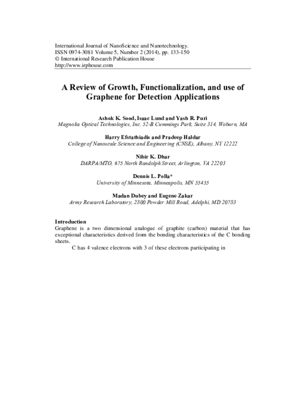 Pdf A Review Of Growth Functionalization And Use Of Graphene For Detection Applications