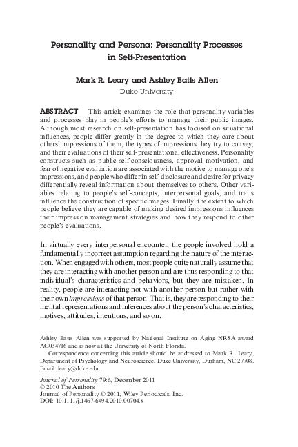 (PDF) Personality and Persona: Personality Processes in Self‐presentation