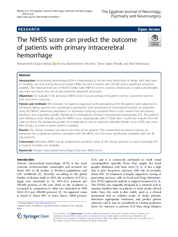 (PDF) The NIHSS score can predict the outcome of patients with primary intracerebral hemorrhage