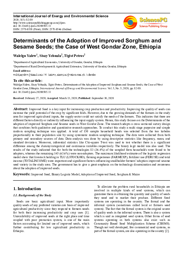 (PDF) Determinants of the Adoption of Improved Sorghum and Sesame Seeds; the Case of West Gondar ...