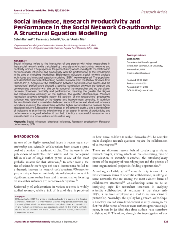 (PDF) Social Influence, Research Productivity and Performance in the ...