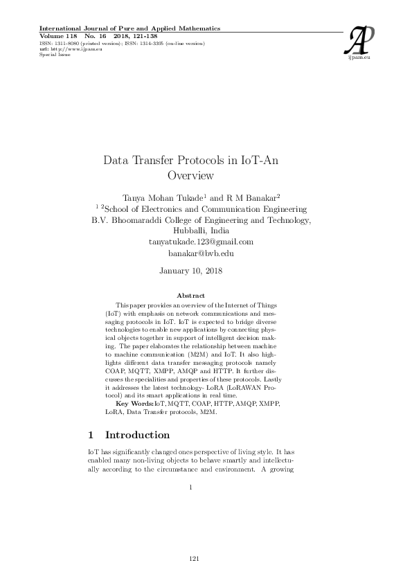 (PDF) Data Transfer Protocols in IoT-An Overview