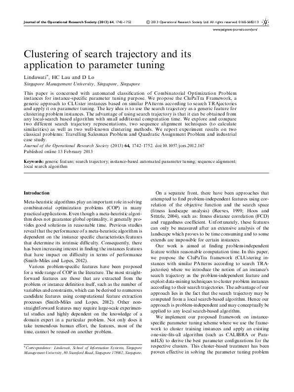 (PDF) Clustering of search trajectory and its application to parameter tuning | Hoong Lau ...