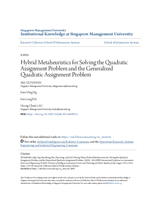 Pdf Hybrid Metaheuristics For Solving The Quadratic Assignment Problem And The Generalized