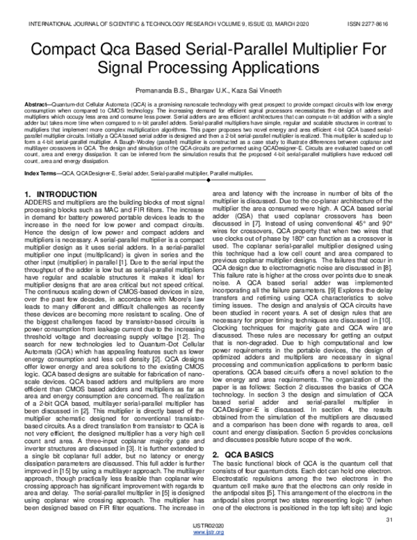 (PDF) Compact Qca Based Serial-Parallel Multiplier For Signal Processing Applications