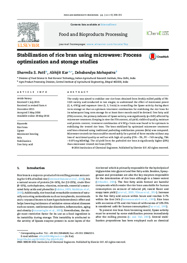 (PDF) Stabilization of Rice Bran using Microwave: Process Optimization ...