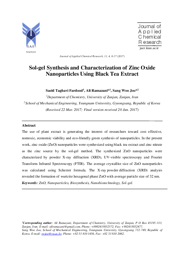 (PDF) Sol-gel Synthesis and Characterization of Zinc Oxide Nanoparticles Using Black Tea Extract