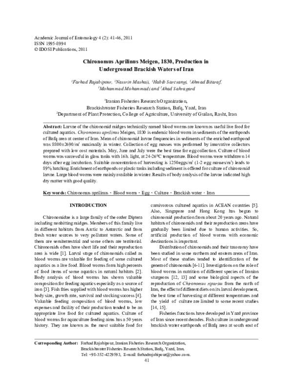 (PDF) Chironomus Aprilinus Meigen, 1830, Production in Underground ...