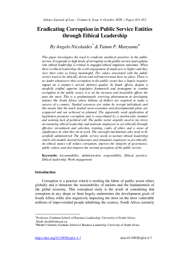 (PDF) Eradicating Corruption in Public Service Entities through Ethical ...